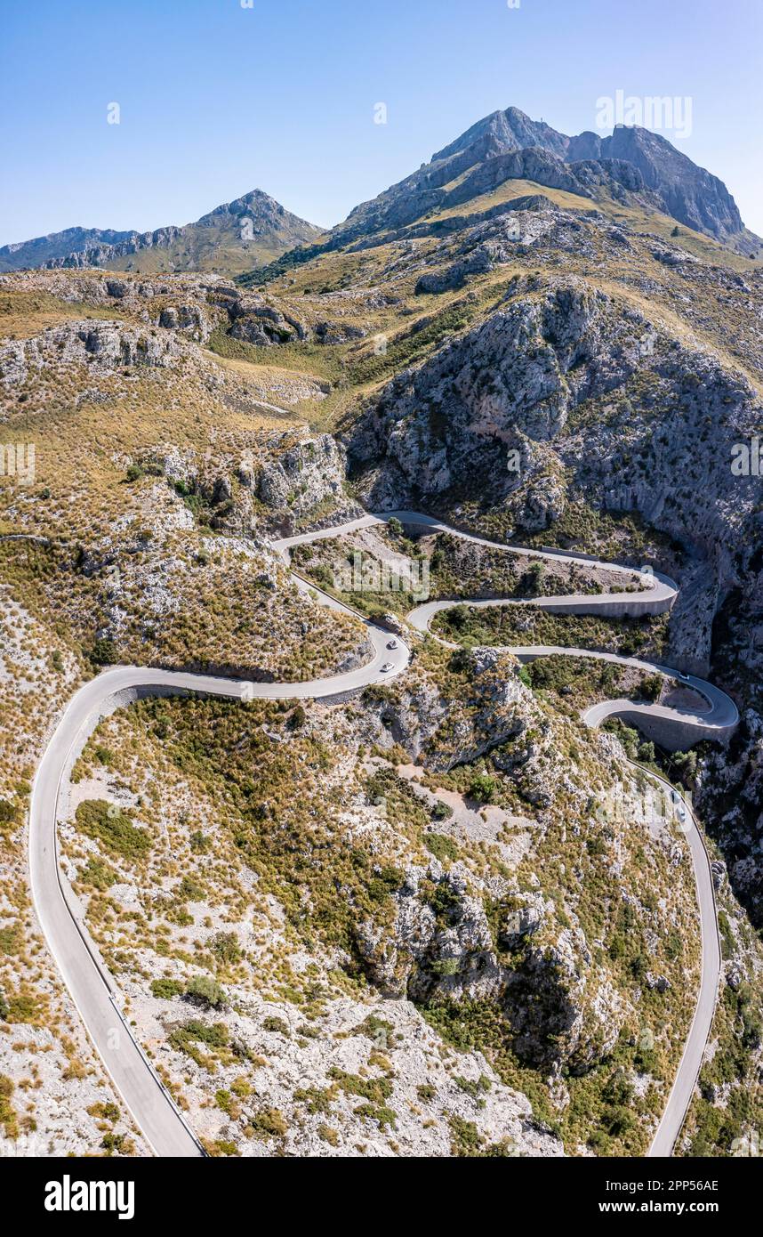 Aerial view, mountain pass with switchbacks to Sa Colobra, Serra de ...