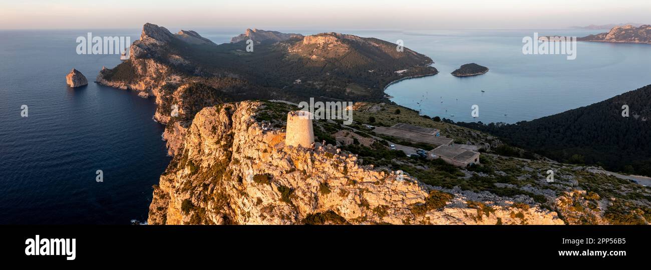 Aerial view, Albercutx watchtower, Talaia d'Albercutx, rocky cliffs and ...