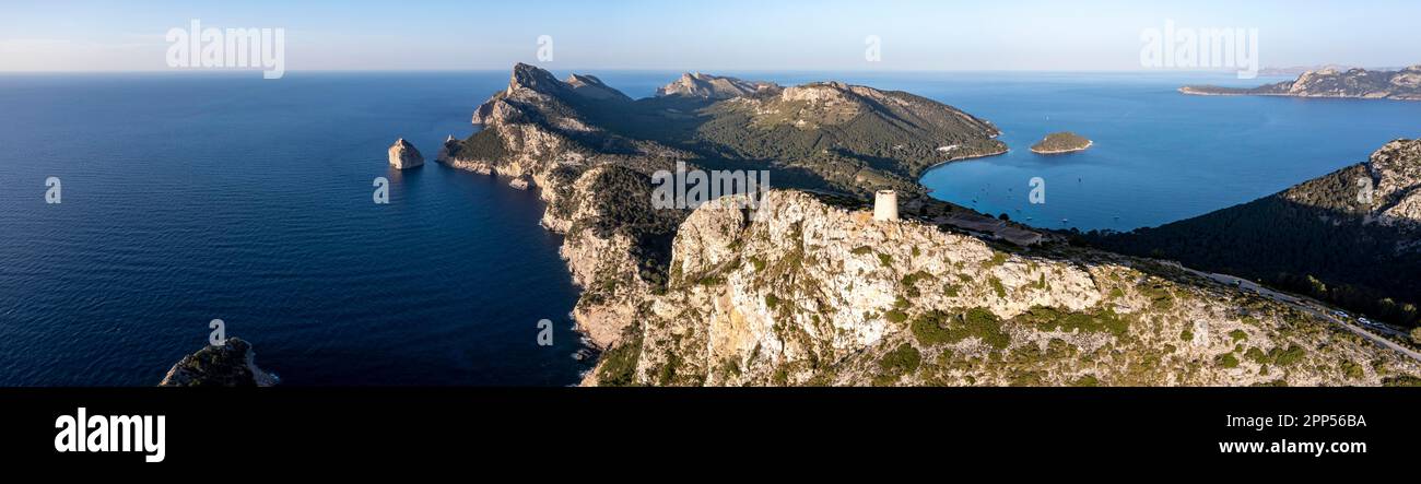 Aerial view, Albercutx watchtower, Talaia d'Albercutx, rocky cliffs and ...