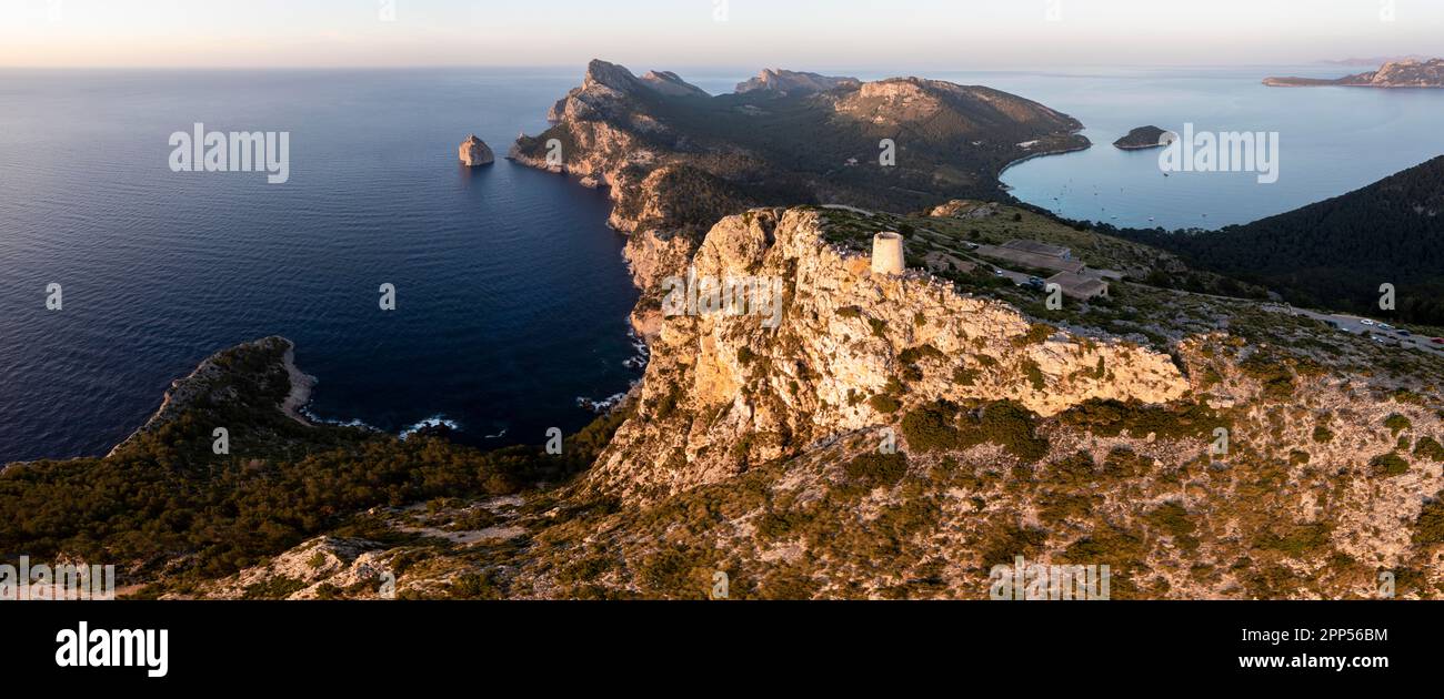 Aerial view, Albercutx watchtower, Talaia d'Albercutx, rocky cliffs and ...