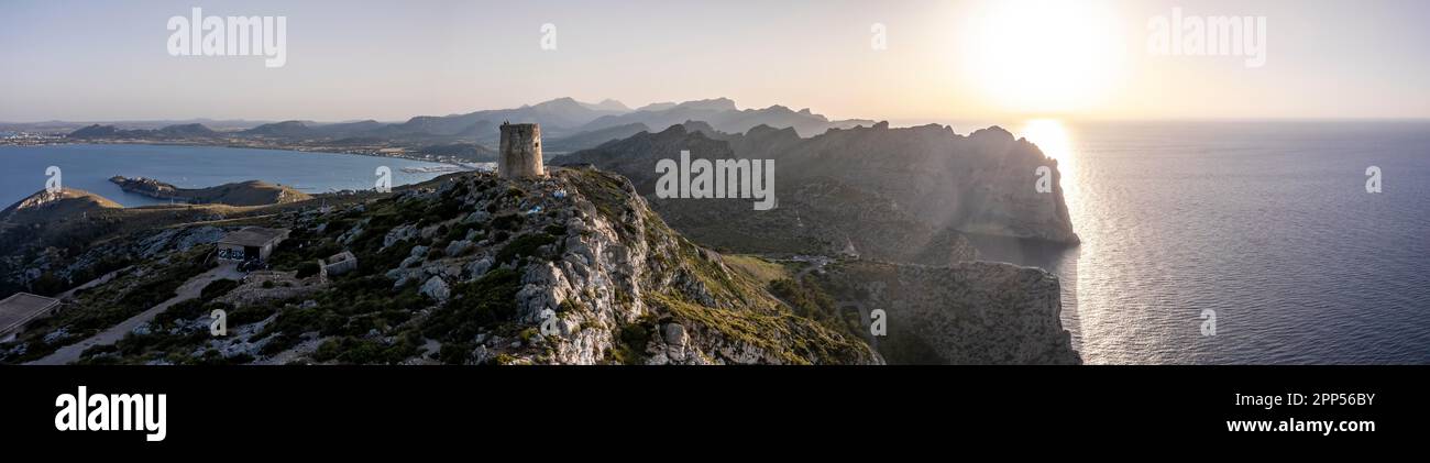 Aerial view, Albercutx watchtower, Talaia d'Albercutx, rocky cliffs and ...