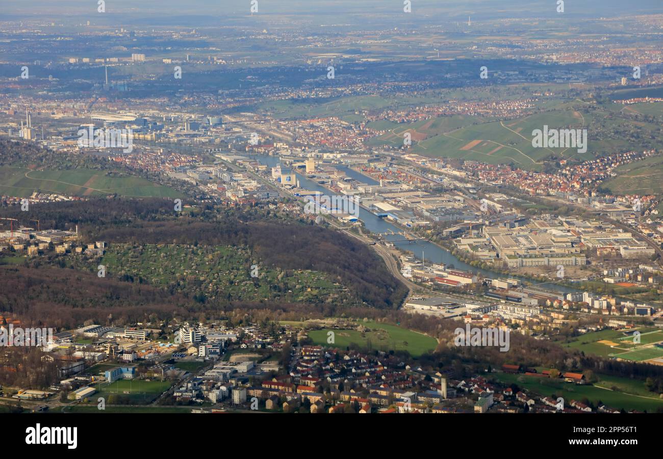 Aerial view of the Neckar valley with Neckar harbour, Mercedes-Benz ...