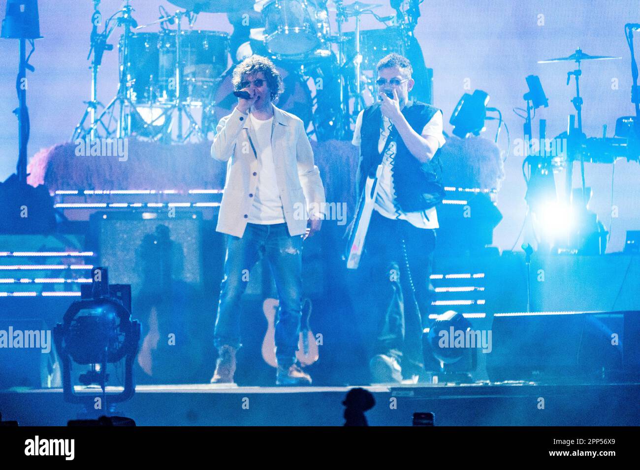 Beck, left, performs with Damon Albarn of Gorillaz at the Coachella ...