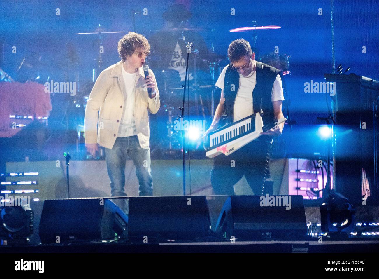 Beck, left, performs with Damon Albarn of Gorillaz at the Coachella ...