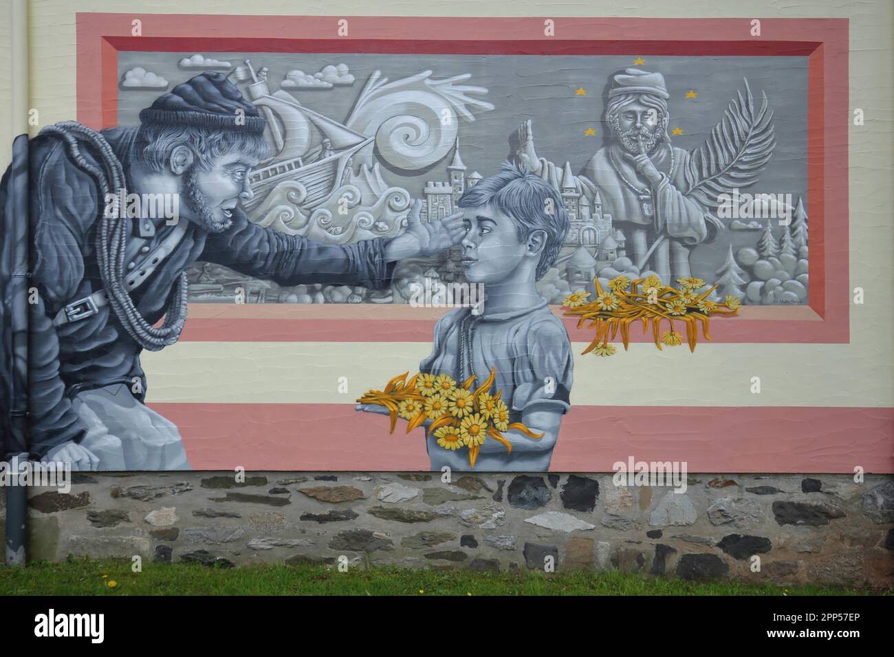 Mural by Jan-Malte Strijek, graffiti, street art, bouquet, man, child ...