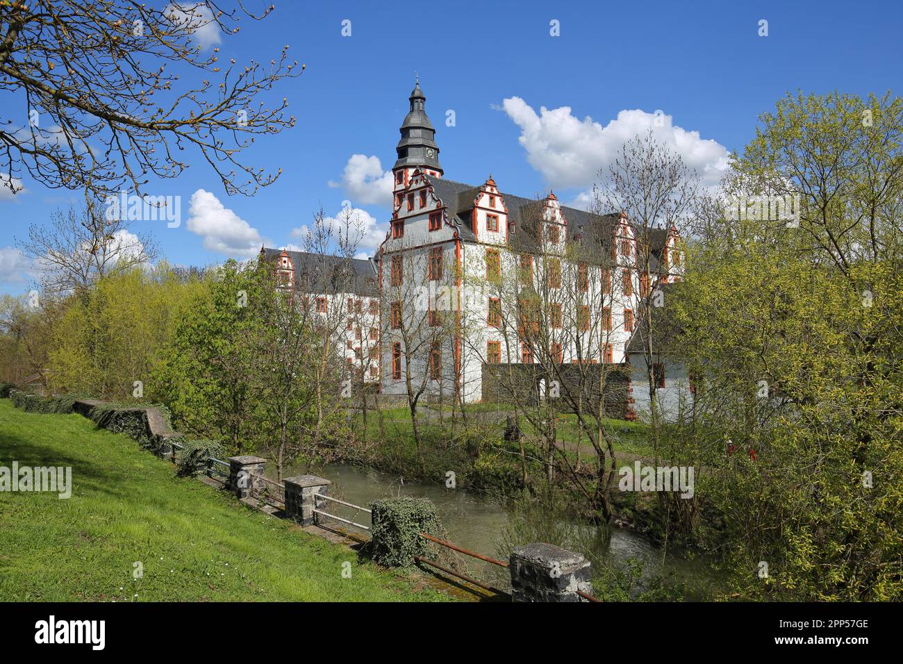 Renaissance Castle on the Elbbach in spring, Hadamar, Westerwald, Hesse ...