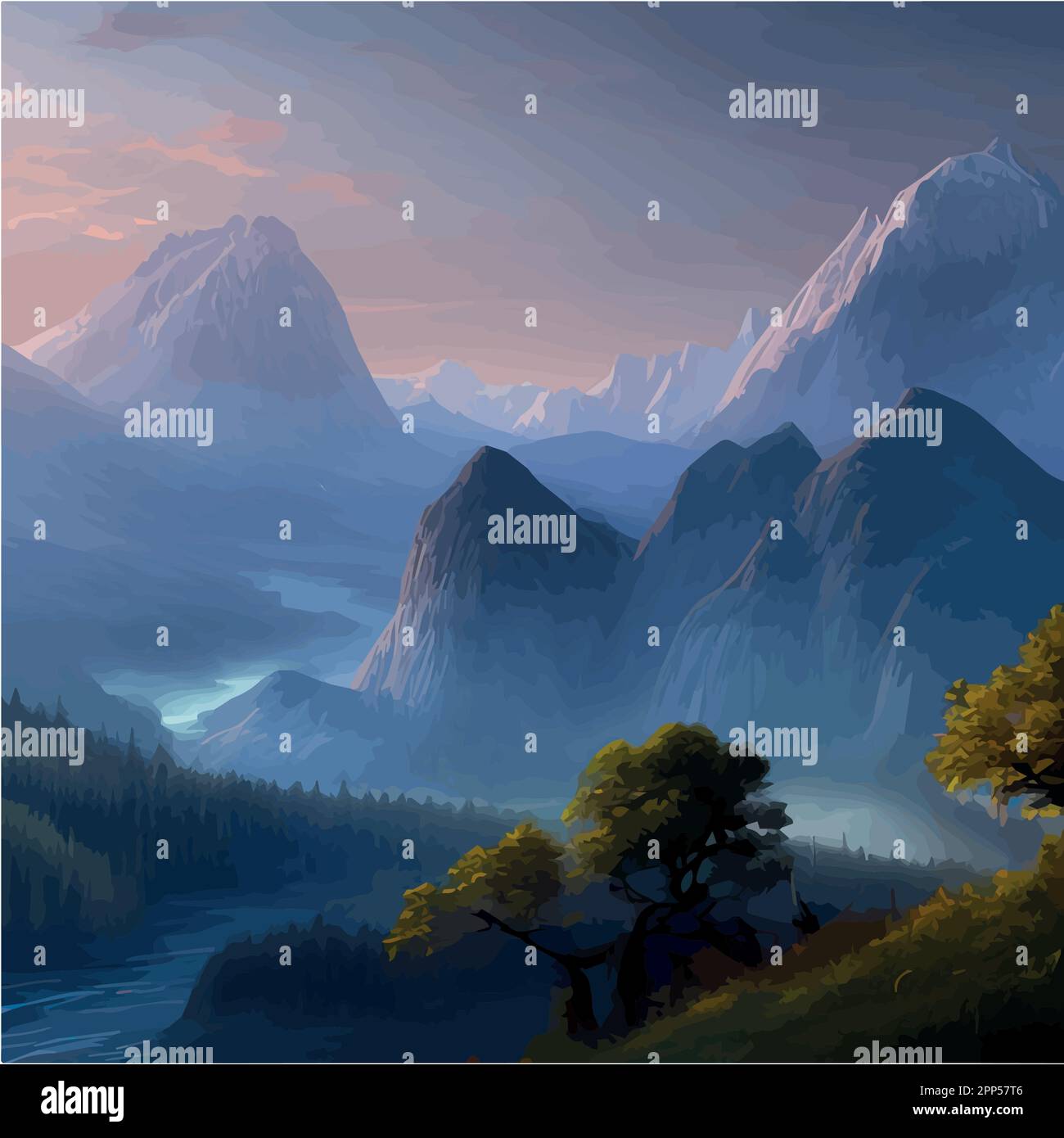 Beautiful valley with the river and meadows Stock Vector Images - Alamy