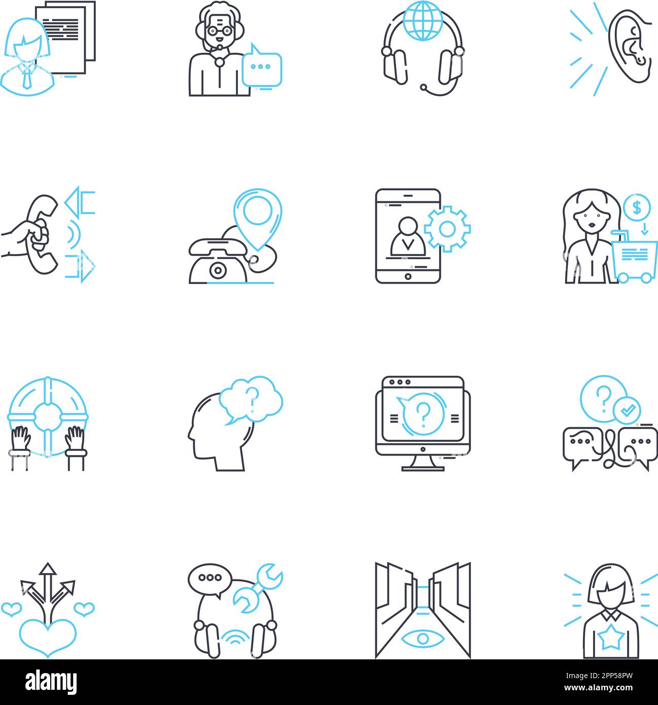 Assistance program linear icons set. Support, Aid, Help, Outreach ...