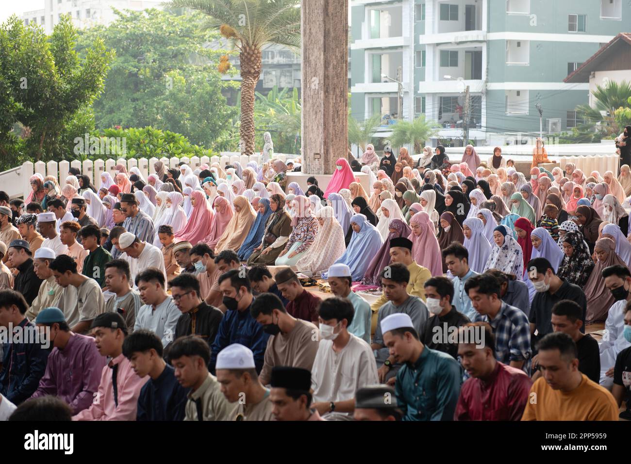 Bangkok, Thailand. 22nd Apr, 2023. Muslim worshippers gather, perform ...