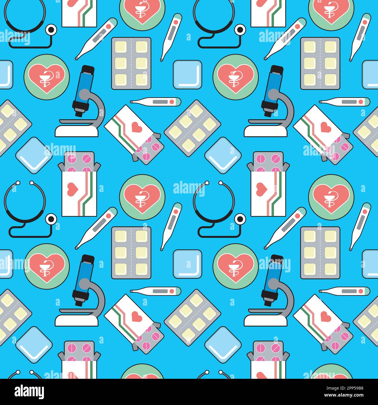 pattern with color medical elements of pills blisters, sthetoscope ...