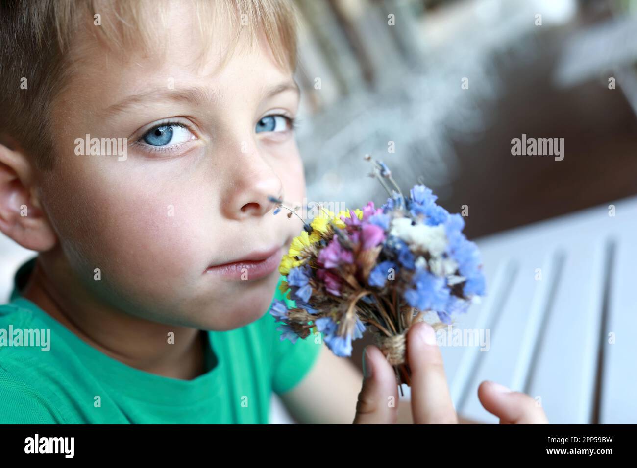 Child sniffing bouquet of flowers in restaurant Stock Photo - Alamy