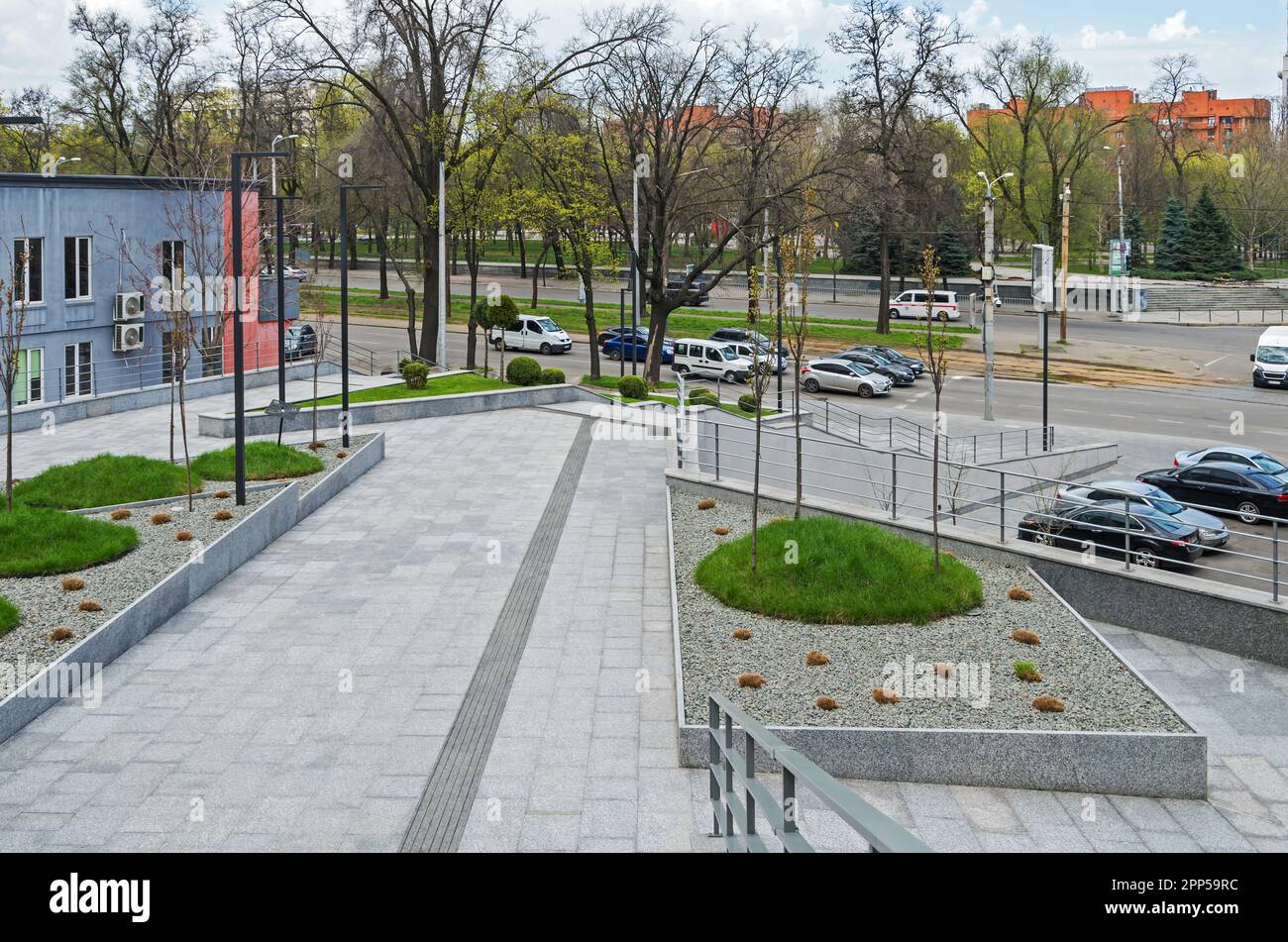 View from stone stairs to lower part of the city. At the bottom of ...
