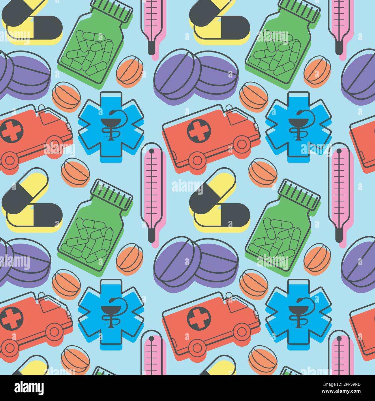 flat color medical pattern with elements of pills, ambulance ...