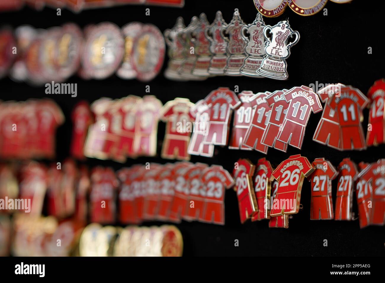 General view of souvenir badges on a stall before the Premier League ...