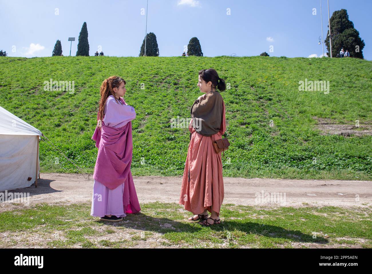 Rome, Italy. 21st Apr, 2023. Girls dressed as a Roman handmaiden inside ...