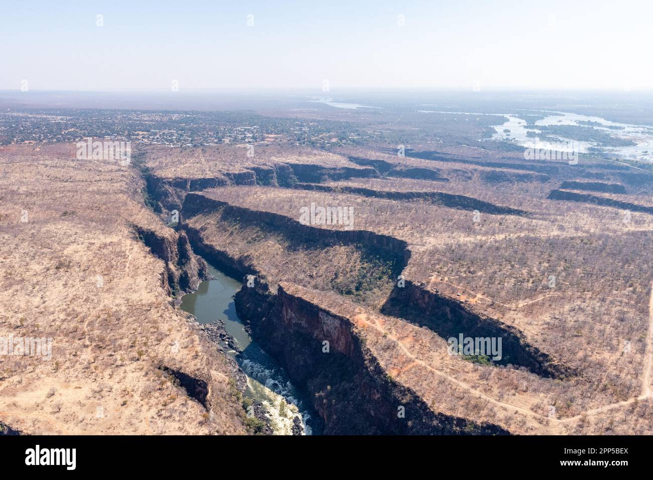 Aerial shot of the lower river gorge of the Zambezi river in southern ...