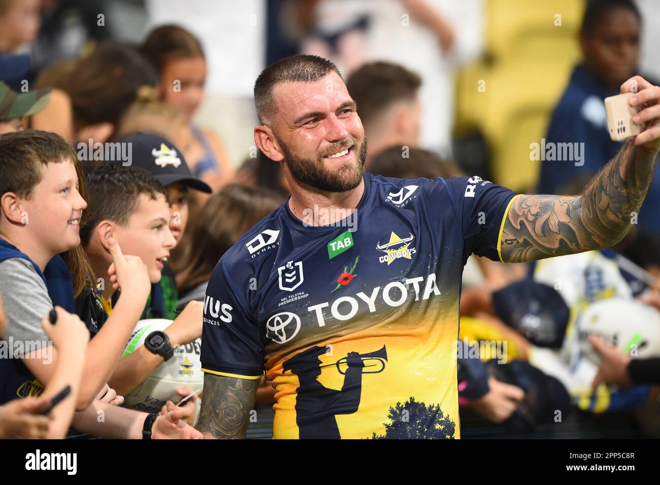 Kyle Feldt of the Cowboys celebrates a win during the NRL Round 8 match ...