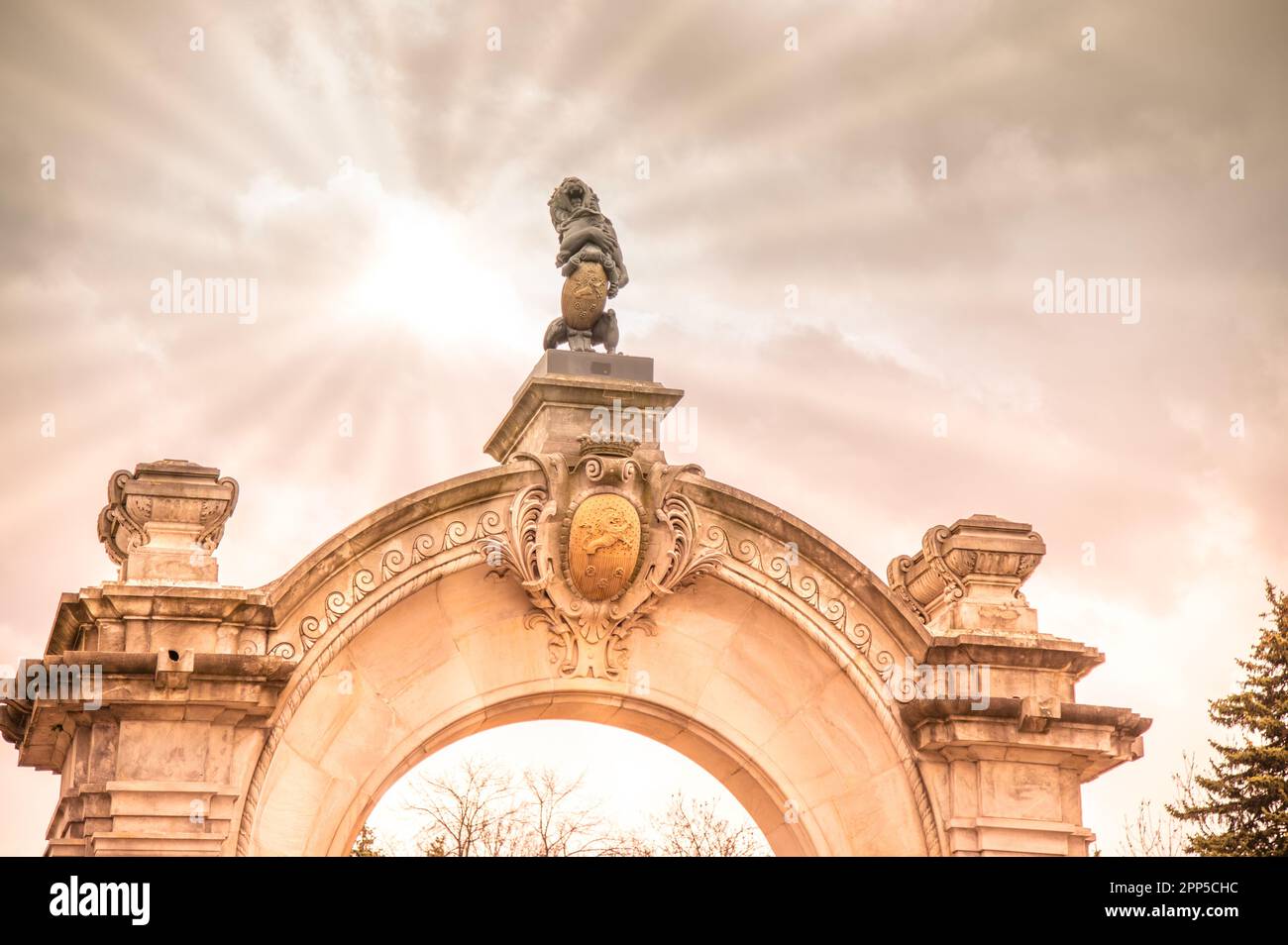 Chorzów, Silesia, Poland; April 15th, 2023: Ornametal stone gate to the ...