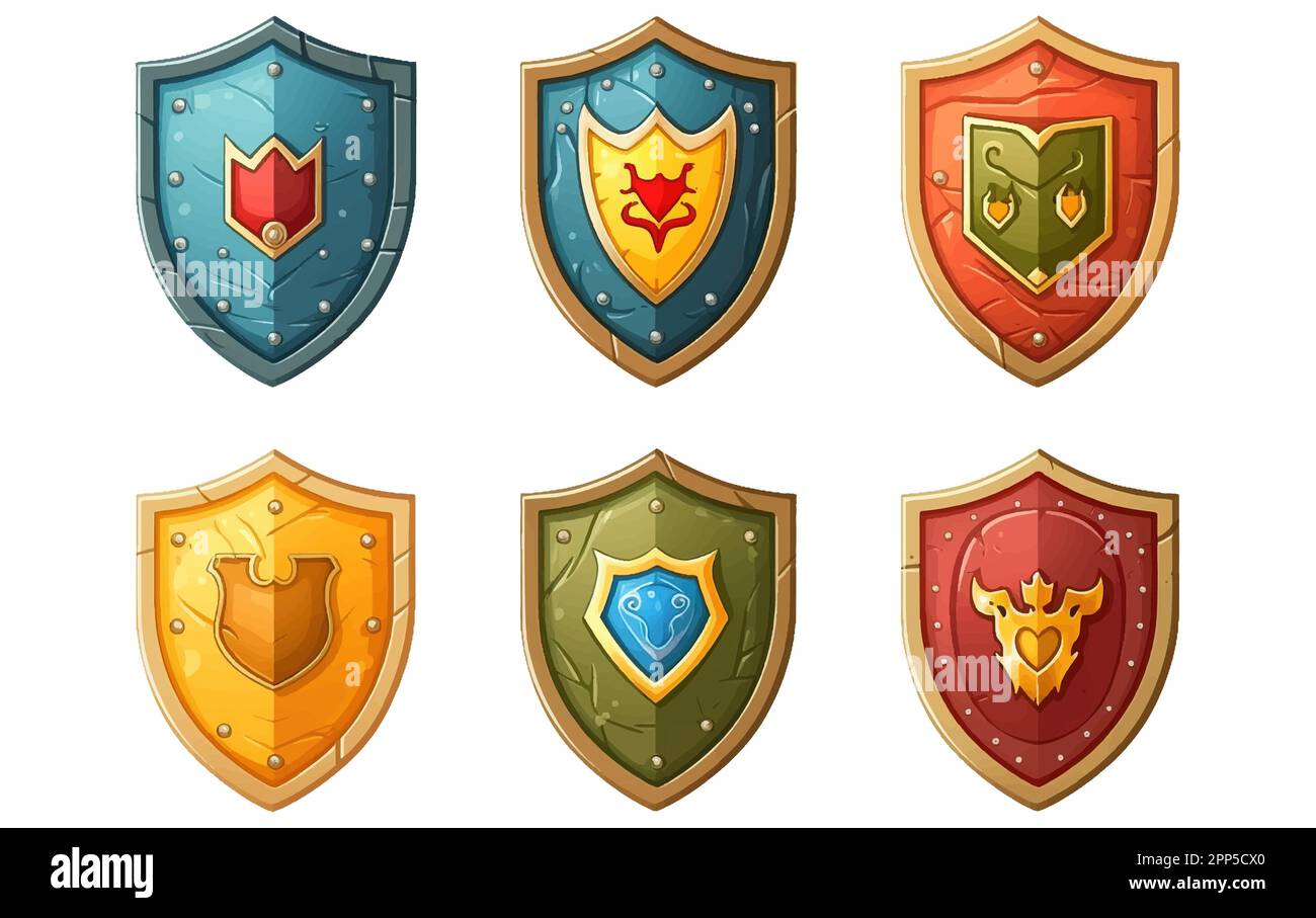 set vector illustration of shield multi colored with stone gem isolate ...