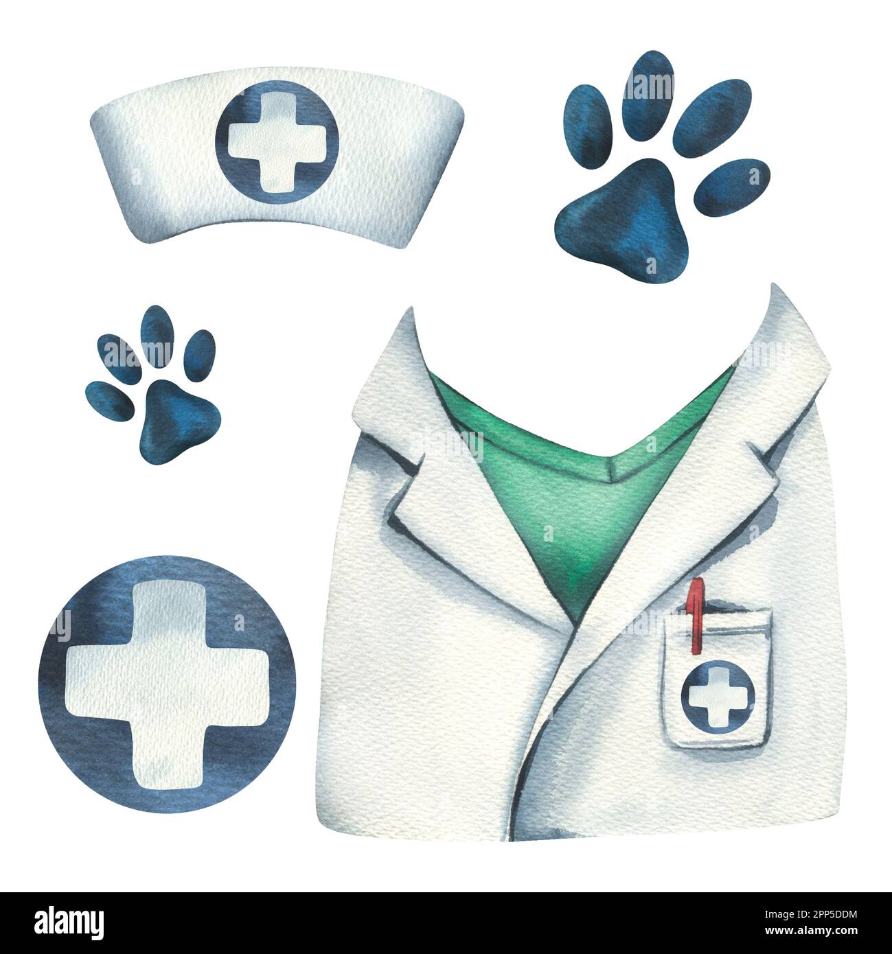 A set of clothes for a veterinarian with animal paws. Watercolor ...