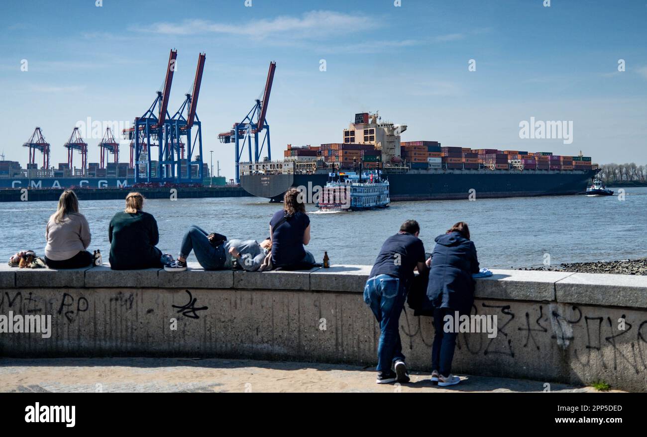 Hamburg, Germany. 22nd Apr, 2023. A container ship sails across the ...