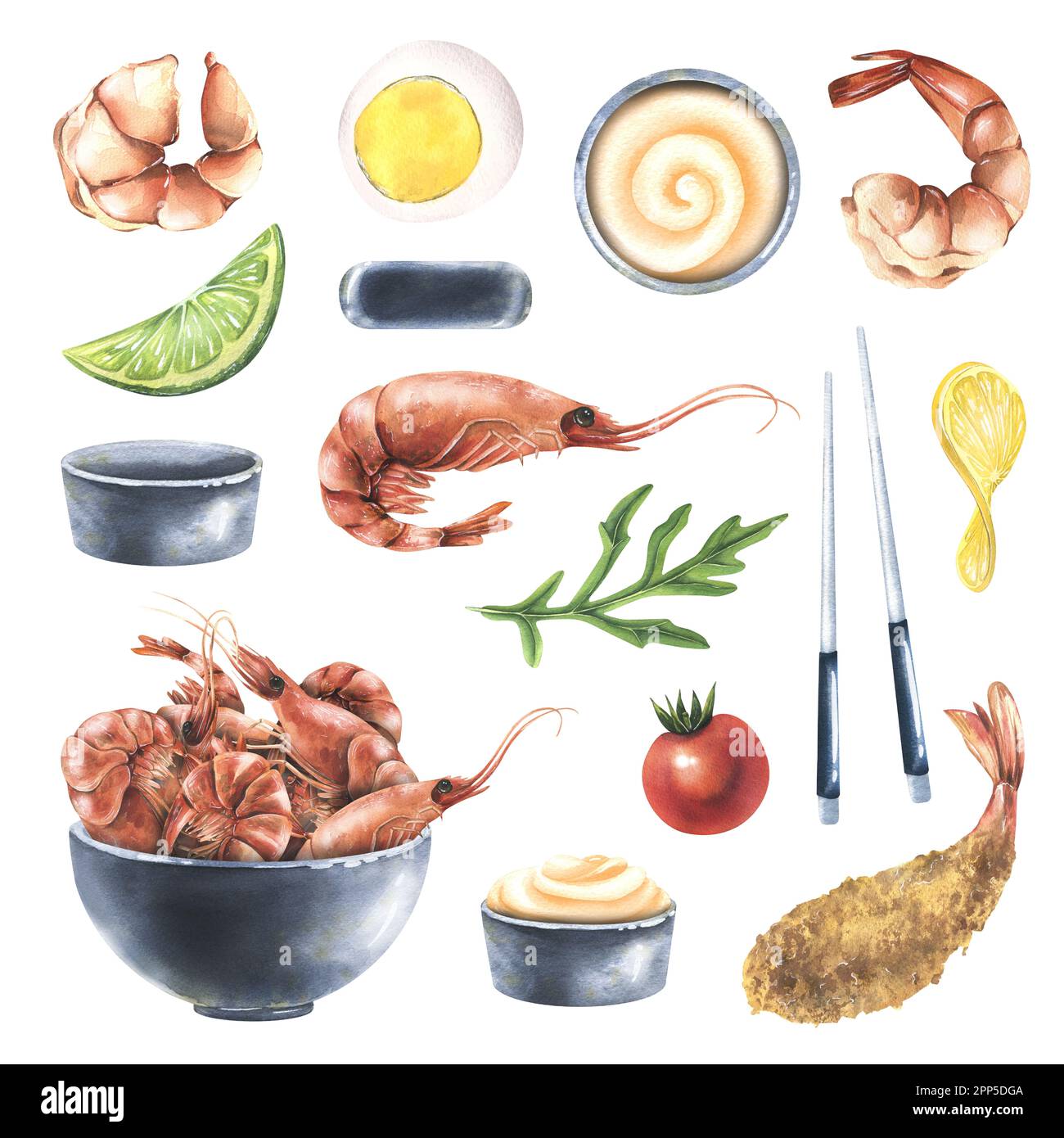 A set of cooked shrimp with sauces, vegetables and utensils. Watercolor ...