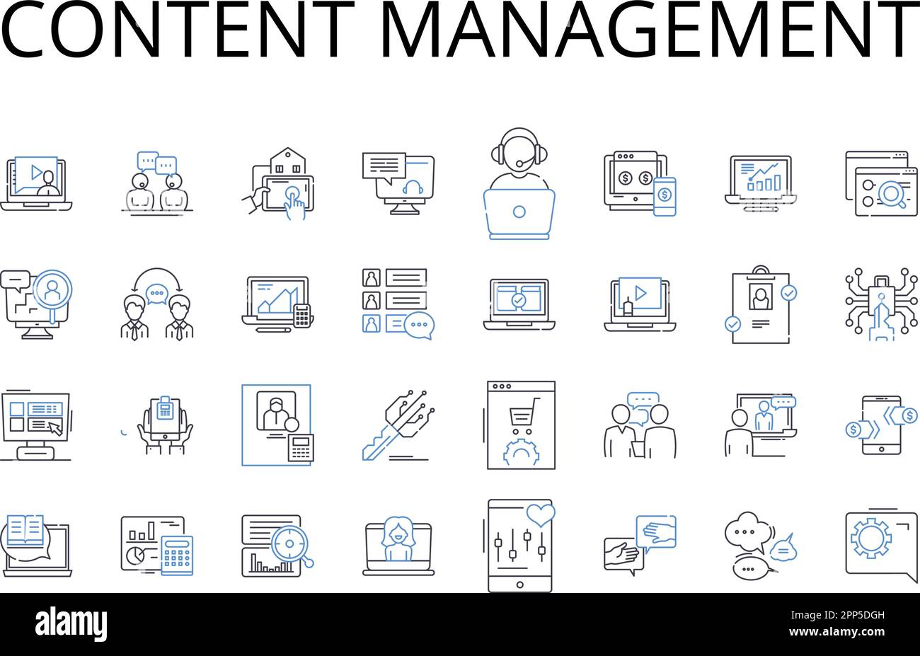 Content management line icons collection. Social media, Project ...