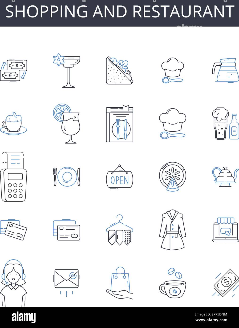 Shopping and restaurant line icons collection. Retail therapy, Eating ...