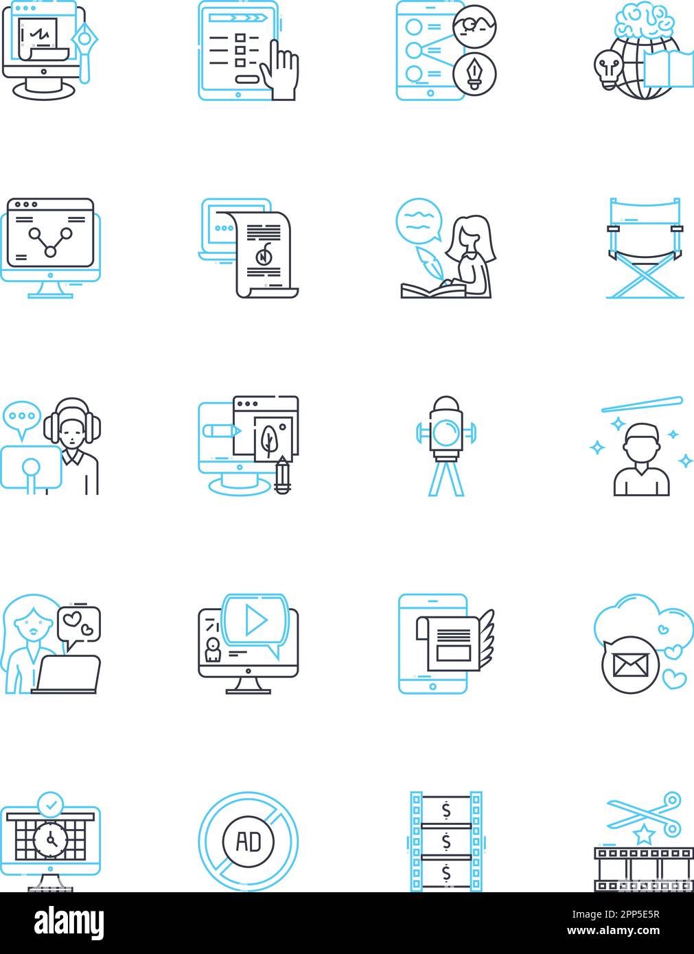 Content creation linear icons set. Creativity, Innovation, Authenticity ...