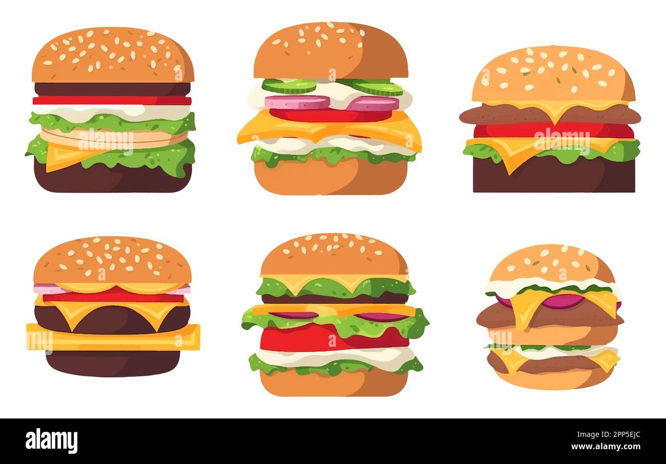 set vector illustration of homemade big juicy hamburger isolated on ...