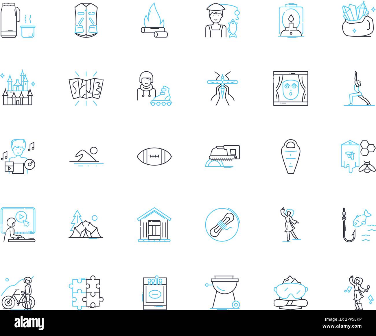 Wilderness retreat linear icons set. Nature, Solitude, Adventure ...