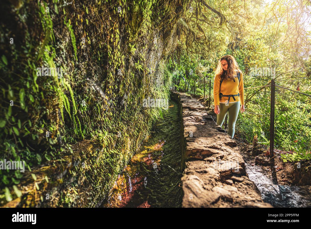 Description: Tourist woman walking along jungle footpath next to water ...