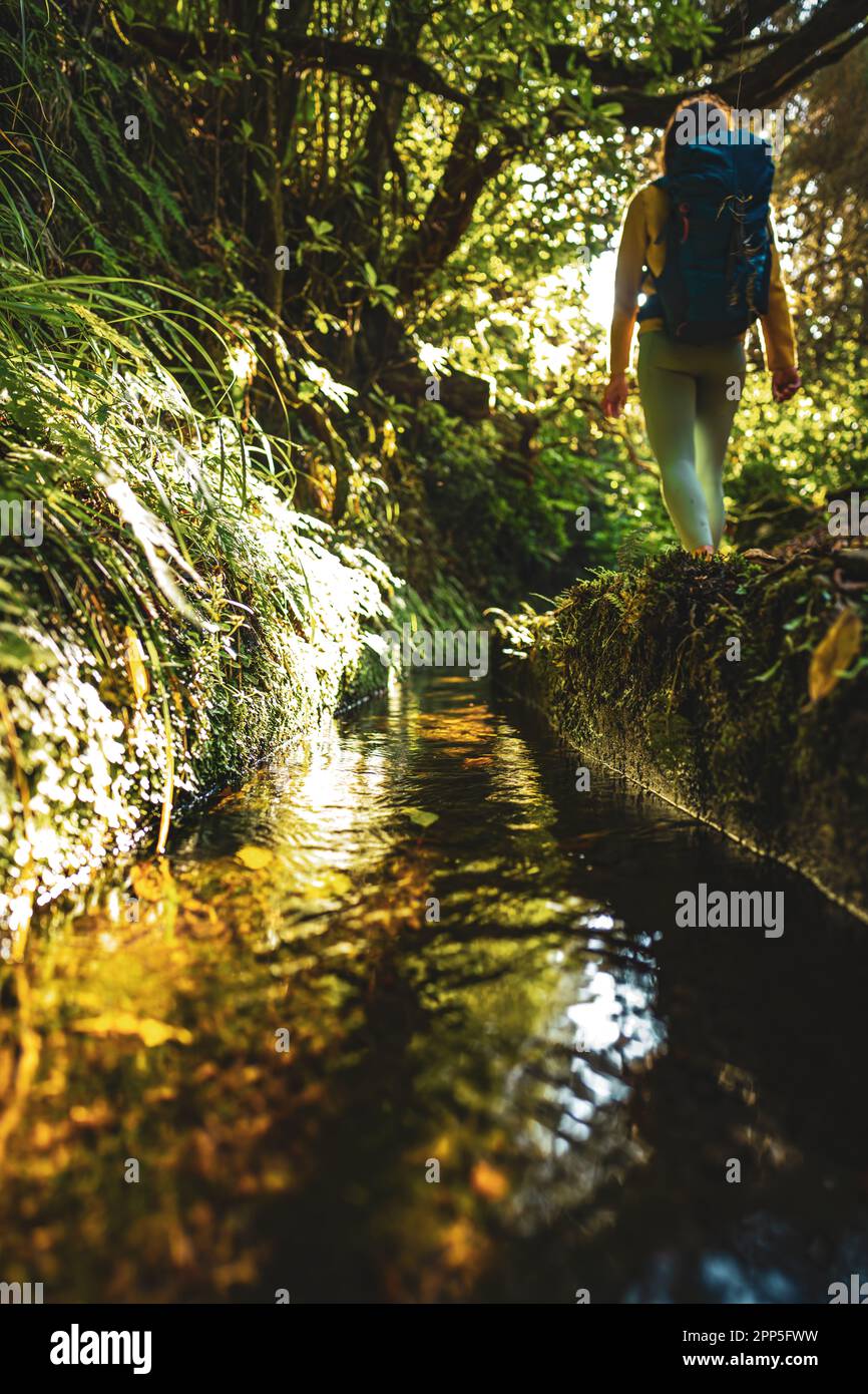 Description: Tourist woman walking along jungle footpath next to clear ...