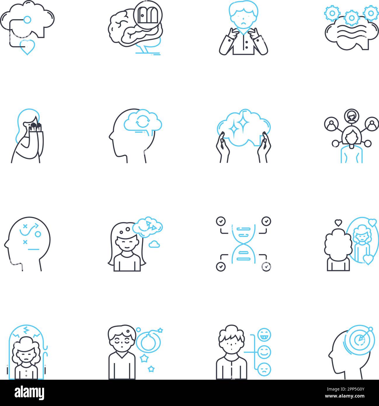 Cognitive process linear icons set. Perception, Attention, Memory, Learning, Reasoning ...