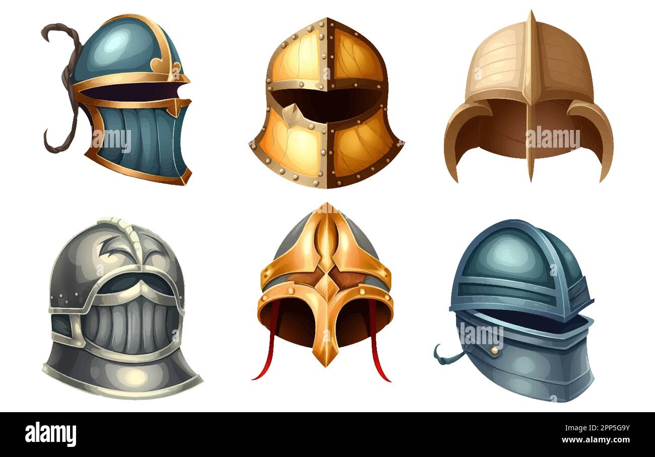 set vector illustration of Knight's helmet multi colored with stone gem ...