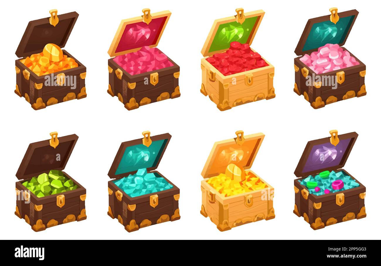 set vector pixel illustration of ui treasure chest with gold precious ...