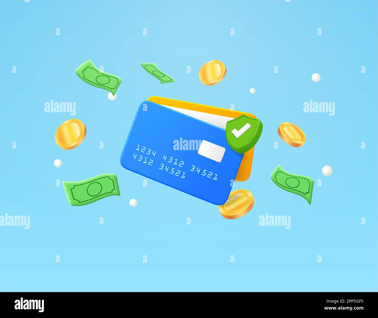 3d banking debit credit cards and flying coins with check mark isolated ...