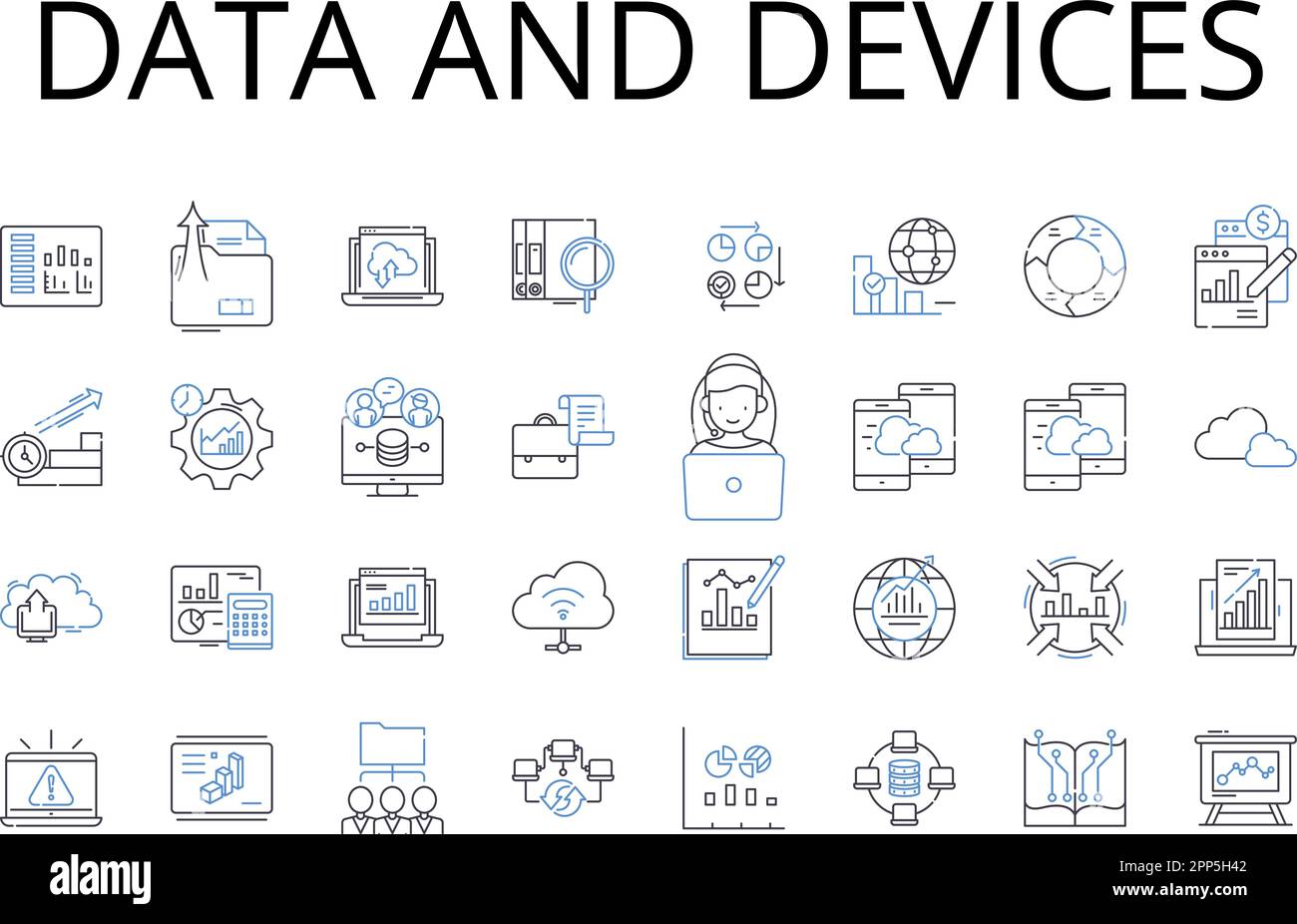 Data and devices line icons collection. Information and gadgets, Stats ...