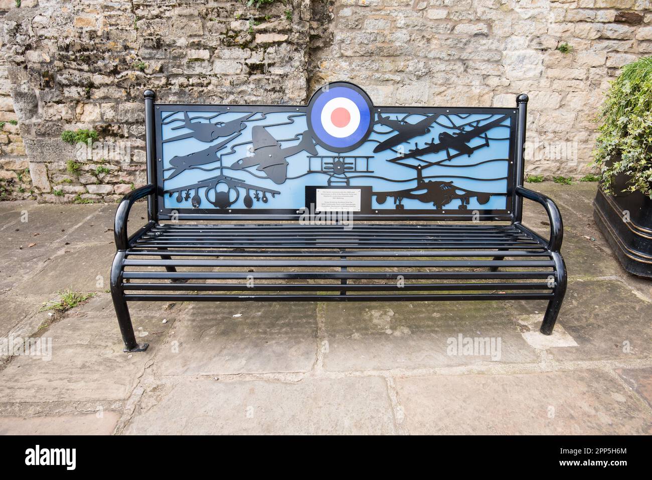 This RAF bench seat, next to the castle remains Stamford, commemorates ...