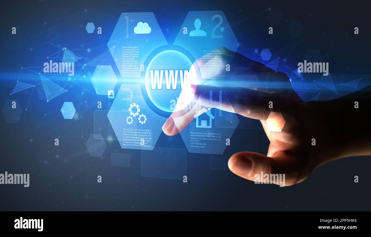 Hand touching digital button concept Stock Photo - Alamy