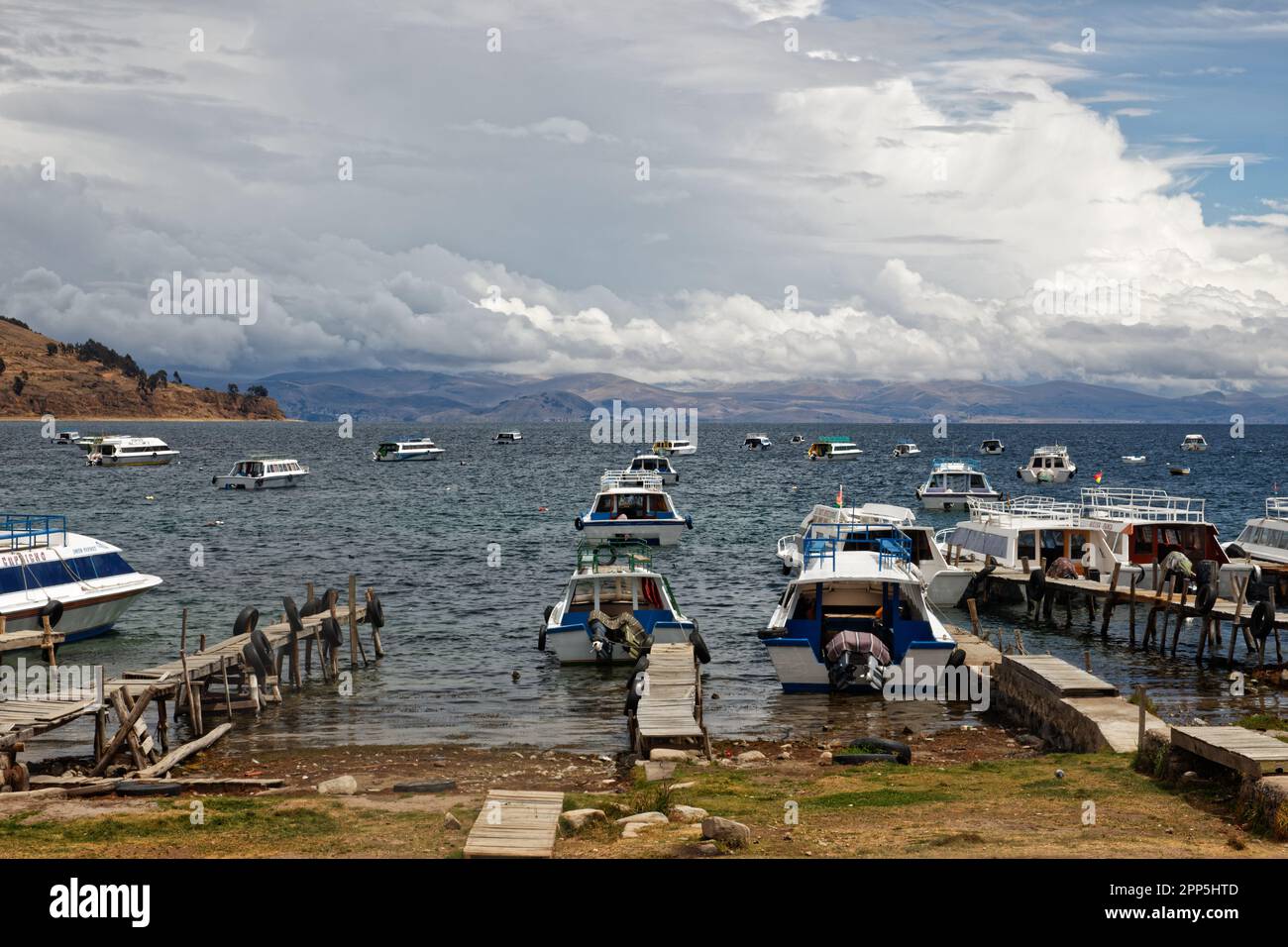 small boats in the port of Isla del Sol, Lake Titicaca, Bolivia Stock ...