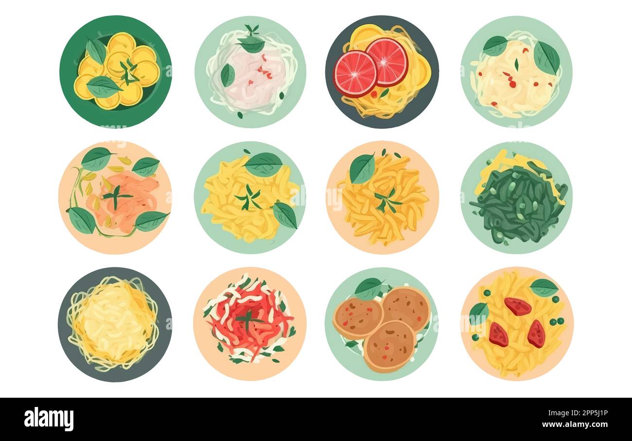set vector illustration of homemade big spaghetti dishes isolated on ...