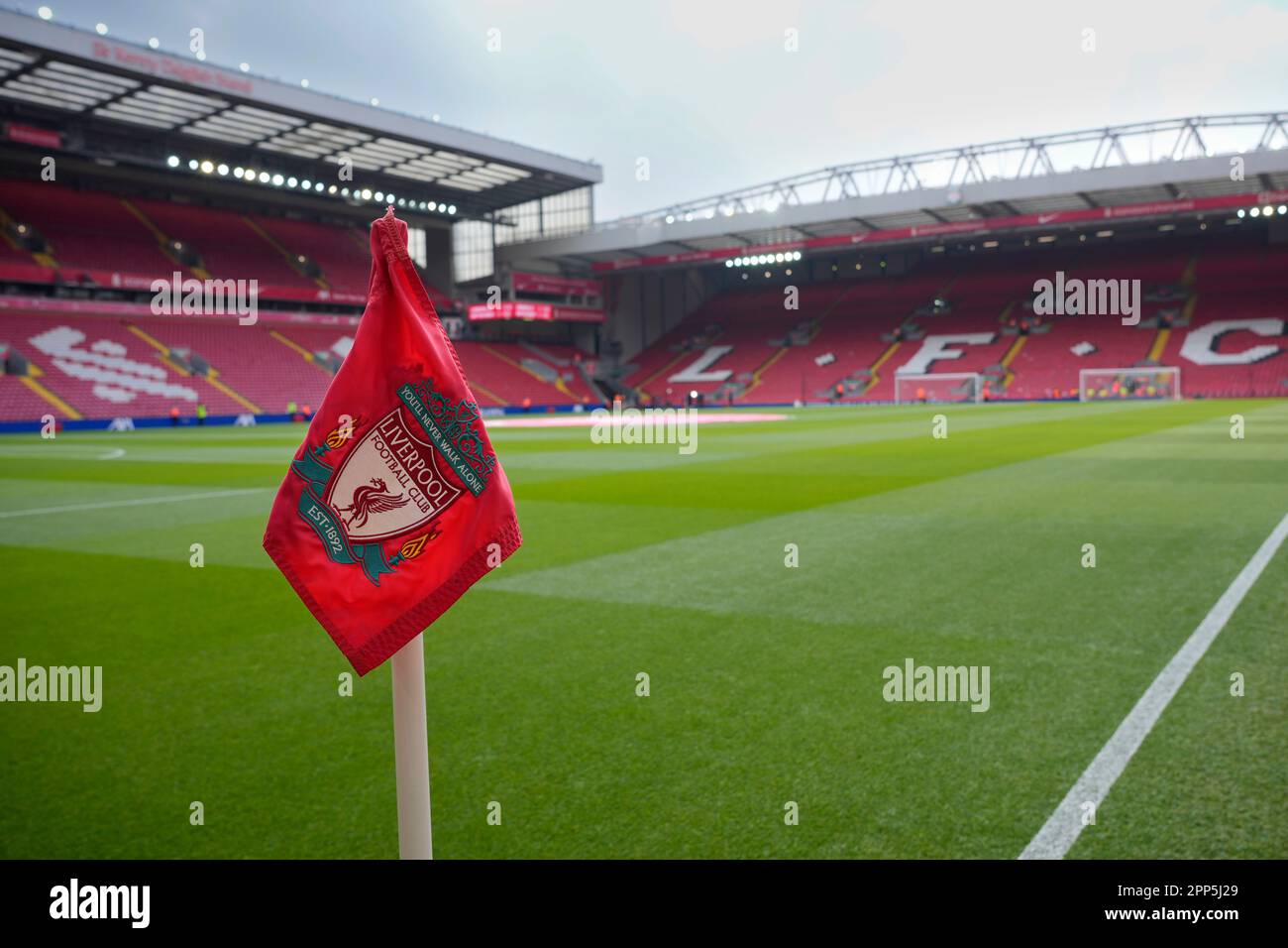 A general view of the corner flag at Anfield, home of Liverpool before ...