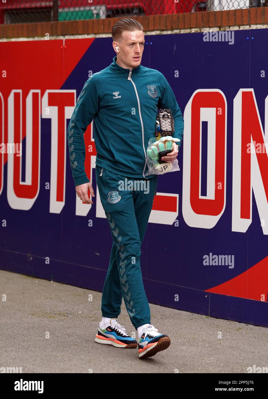 Everton goalkeeper Jordan Pickford arrives for the Premier League match ...