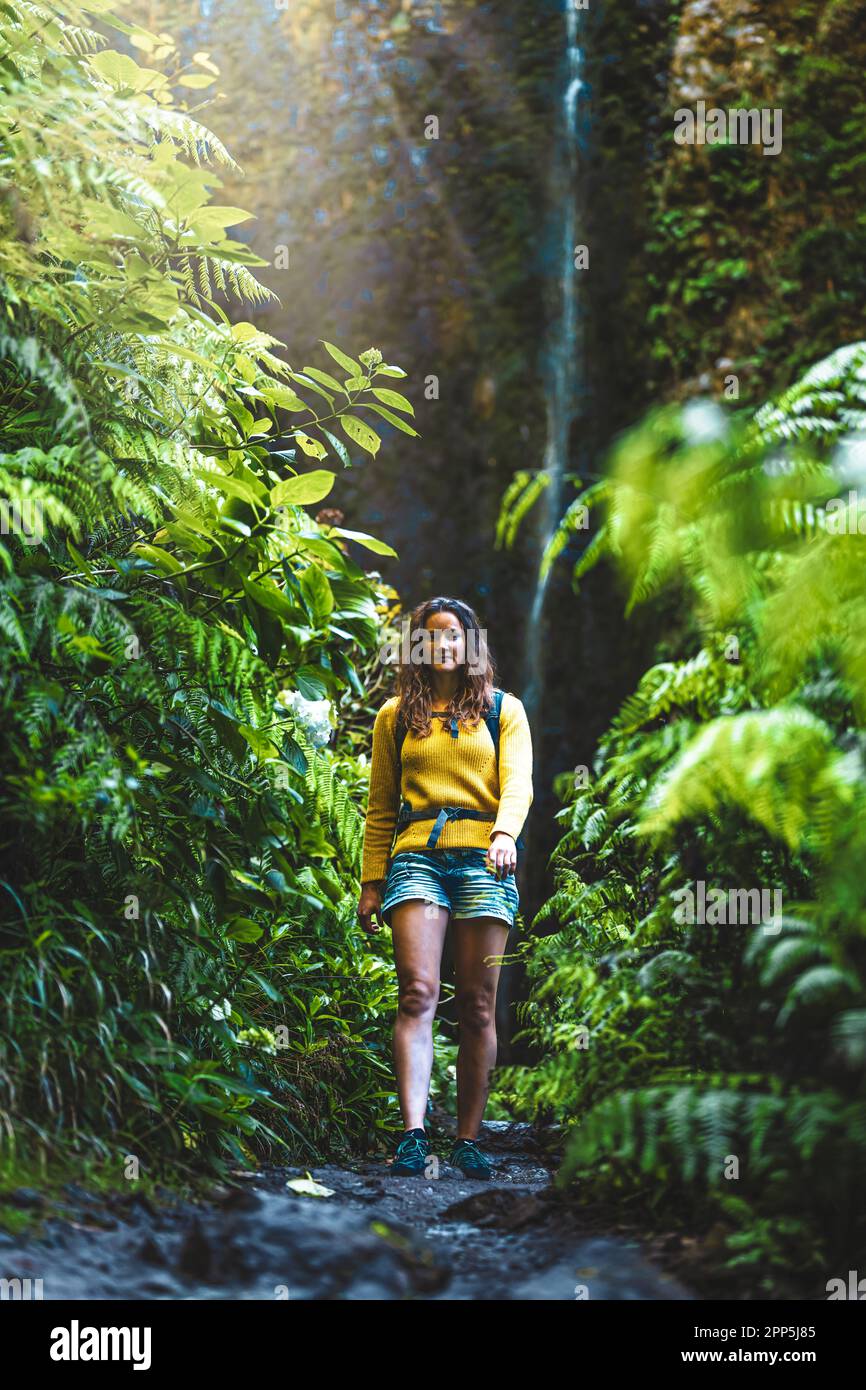 Description: Backpacker woman walking along fern overgrown trail at ...