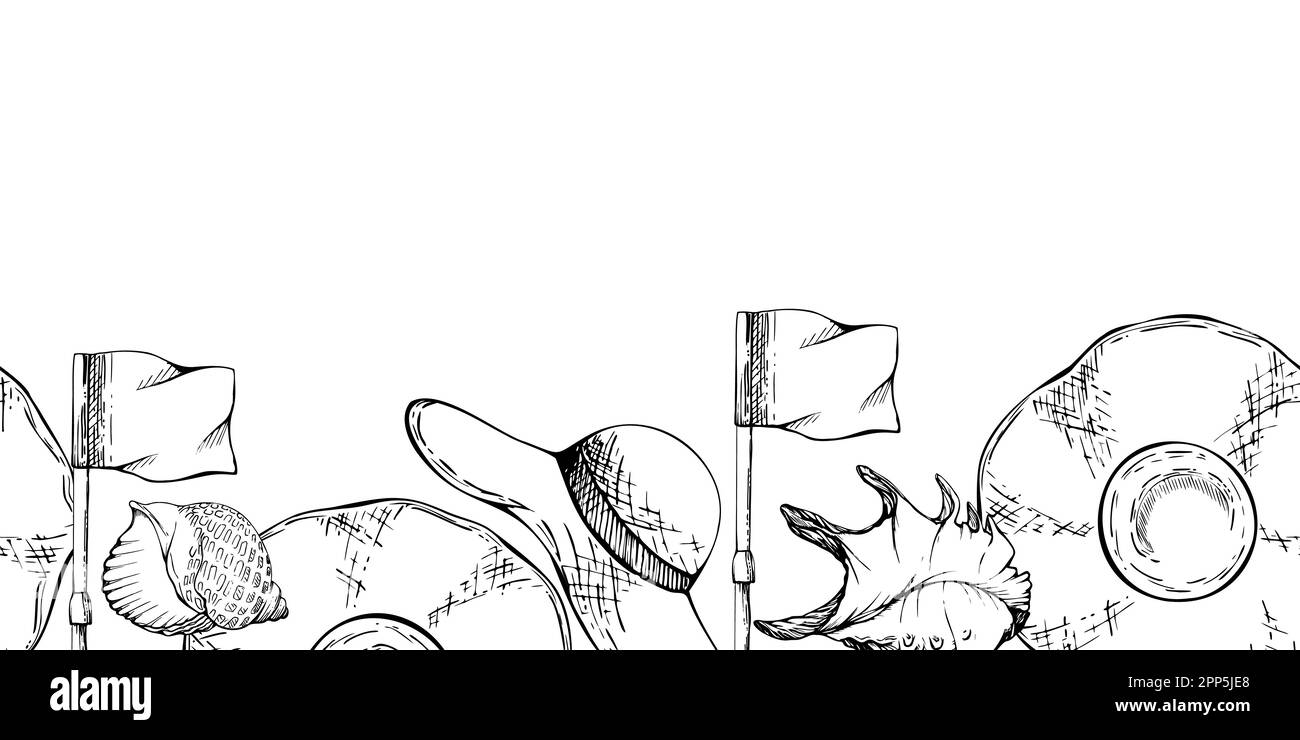 Hand drawn vector ink beach accessories hat flag shell. Seamless ...