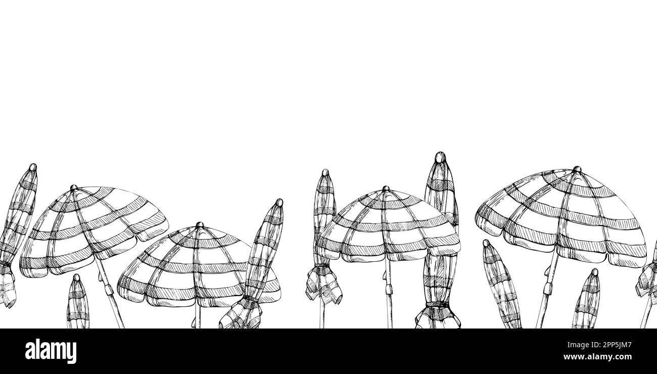 Hand drawn vector ink striped beach chair and umbrella. Seamless ...