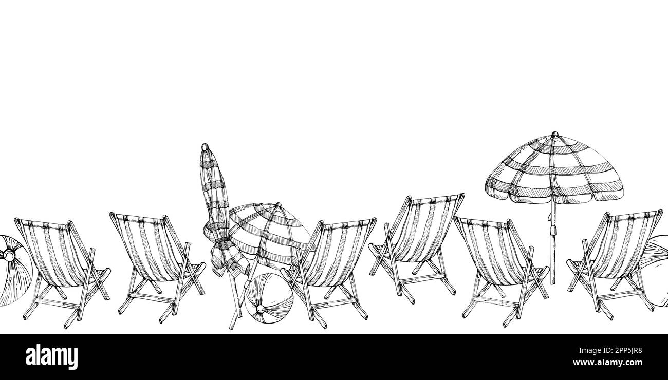 Hand Drawn Vector Ink Striped Beach Chair And Umbrella Seamless