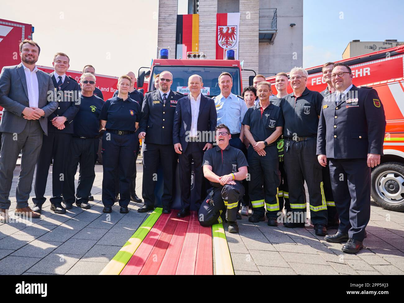 Potsdam, Germany. 22nd Apr, 2023. Chancellor Olaf Scholz (SPD) visits the main fire station of ...