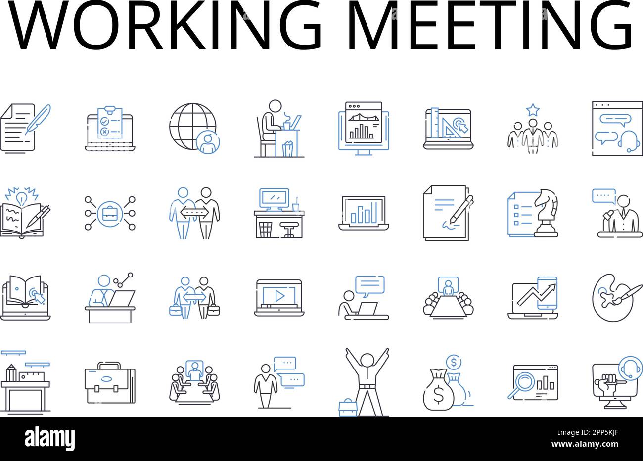 Working meeting line icons collection. Planning session, Team ...